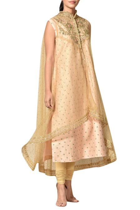 Buy Beige Raw Silk Round Embroidered Kurta And Cape Set For Women by RI.Ritu Kumar Online at Aza ...