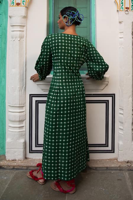Buy Green Cotton Embroidery Open Neck Hand Block Printed Midi Dress For ...