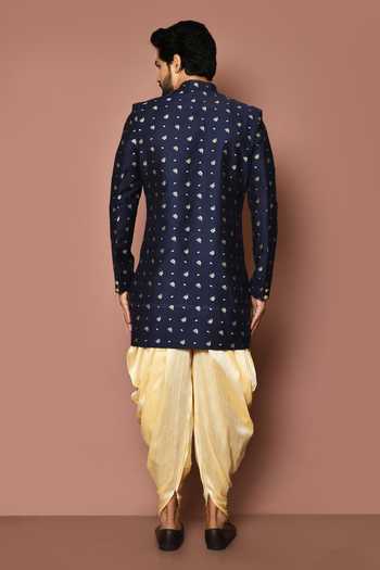 Buy Blue Patiala Dupion , Sherwani Raw Leaf Print Set For Men by ...
