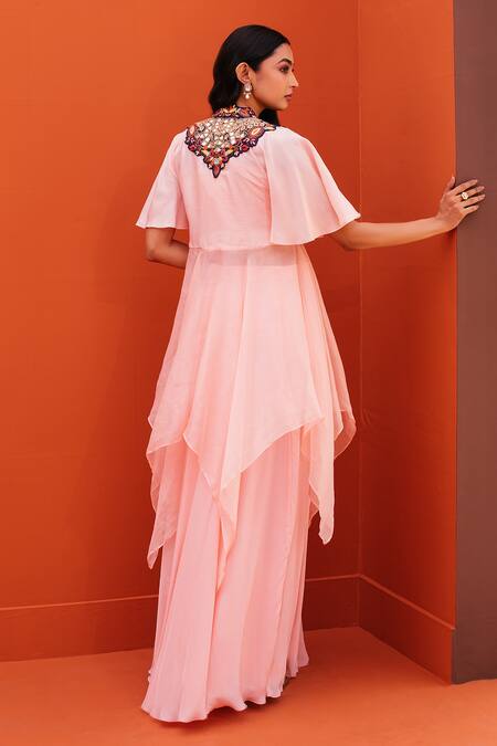 Buy Pink Organza, Crepe Mirrors, Embroidery Mandarin Collar, Yoke ...