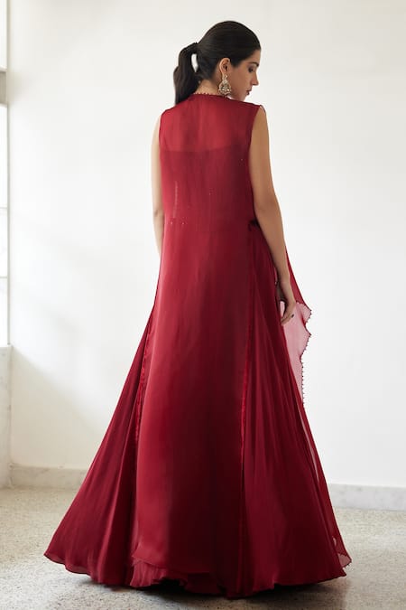Buy Red Organza, Tulle Embroidery, Beads Open Neck, Ula Jacket And Lehenga Set For Women by ...
