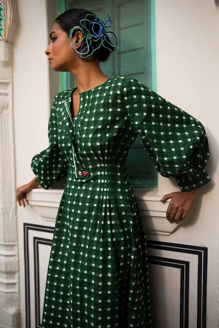 Buy Green Cotton Embroidery Open Neck Hand Block Printed Midi Dress For ...