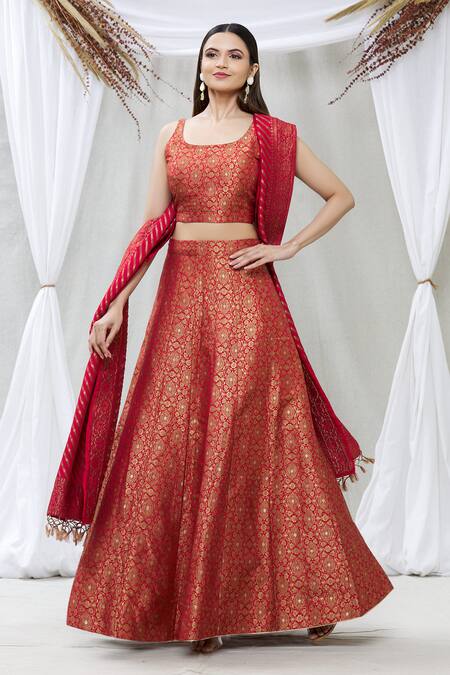 Buy Red Silk, Muga Floral Round Handwoven Lehenga Set For Women by ...