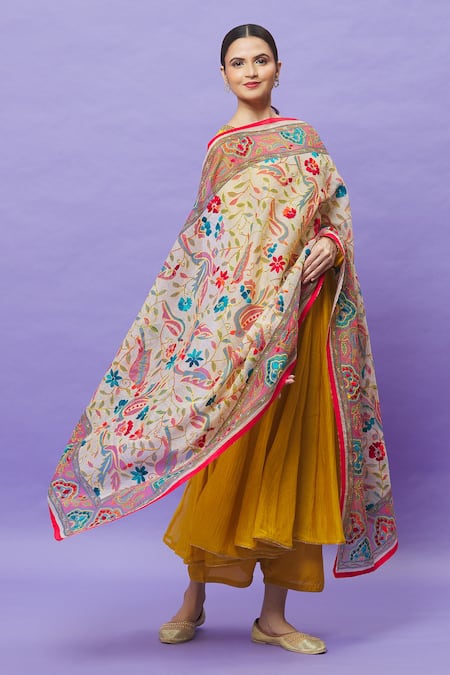 Buy Samyukta Singhania Multi Color Cotton Silk Bird Pattern Phulkari ...