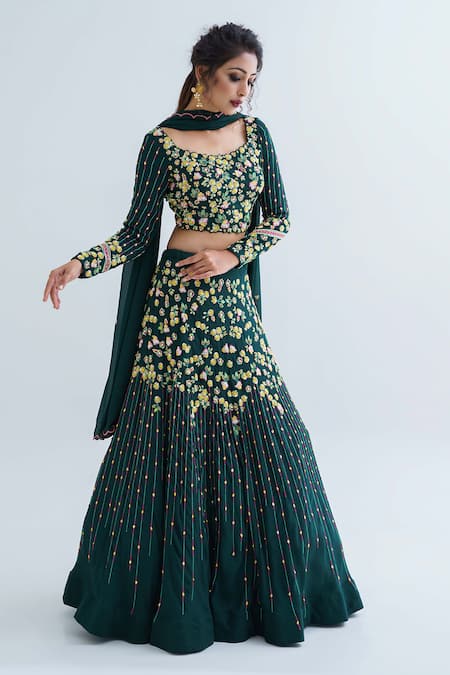 Buy Green Georgette Crepe Embroidered Floral Motif Scoop Neck Lehenga