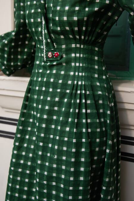 Buy Green Cotton Embroidery Open Neck Hand Block Printed Midi Dress For ...