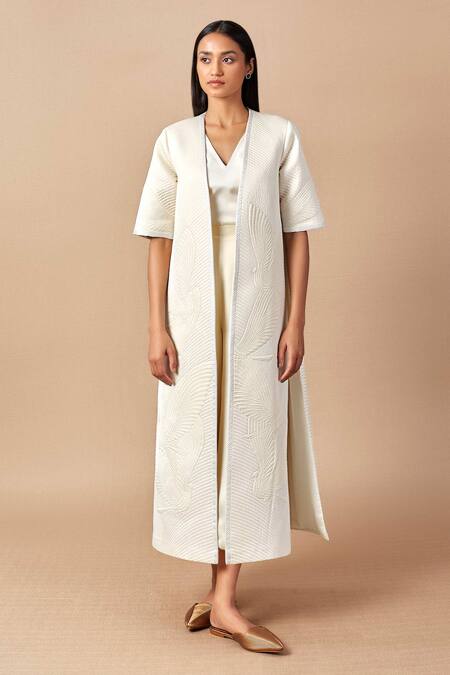 Buy Ivory 100% Viscose Quilted Inner V Neck, Jacket Open Nia And ...