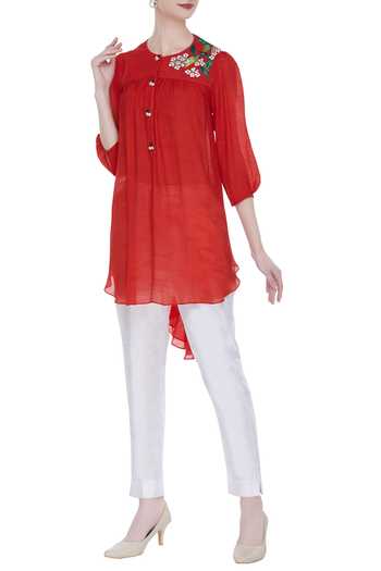 Buy Red Linen Silk Embroidered Beads Square Neck Short Asymmetric Tunic ...