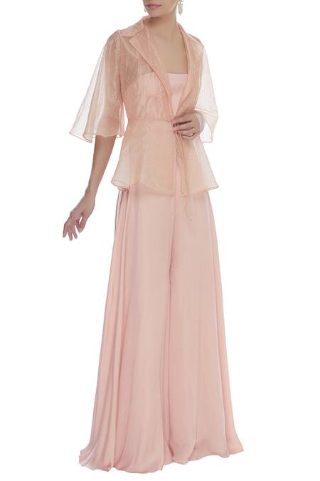 Buy Pink Sheer Lapel Collar Flared Sleeves Open Jacket For Women by ...