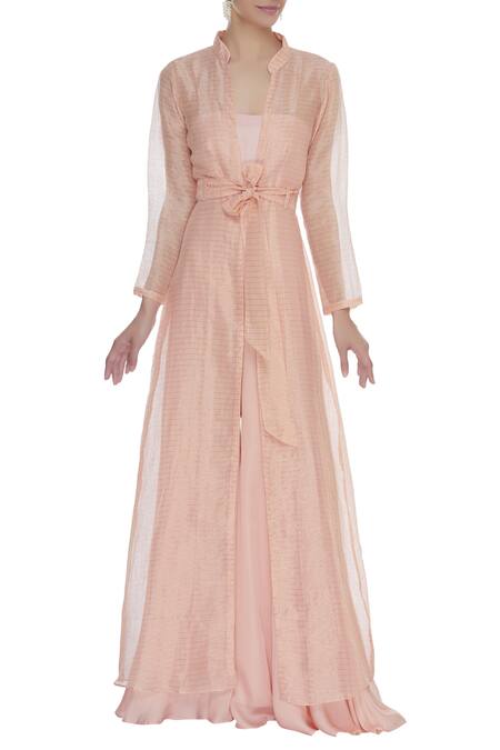 Buy Pink Organza Embroidered Checkered Sheer Jacket With Waist Belt For ...