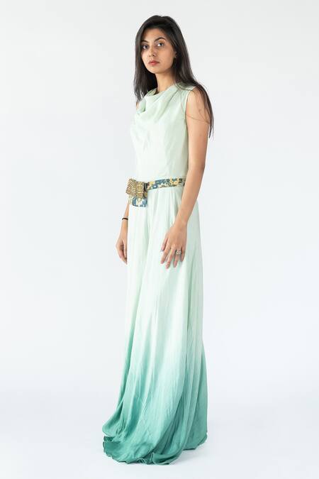 Buy Green Raw Silk Floral, Sequins, Beads Cowl Ombre Effect Jumpsuit ...