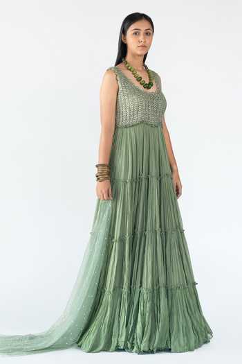 Buy Green Georgette And Mesh, Moti Net Gota, Bodice Tiered Anarkali ...
