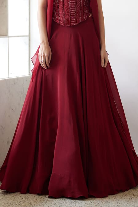 Buy Red Organza, Tulle Embroidery, Beads Open Neck, Ula Jacket And Lehenga Set For Women by ...