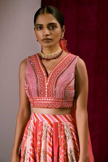 Buy Pink Muslin Silk And Organza Embroidery Floral Pattern V Multi ...
