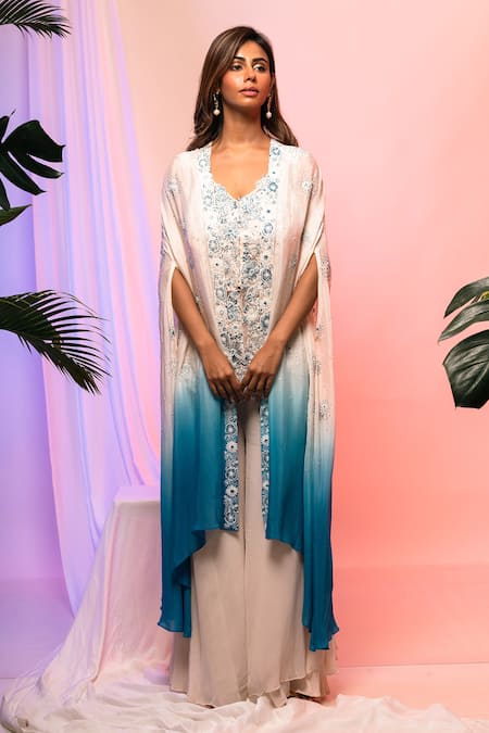 Buy Blue Chinon Embroidered Bead And Sequin Work Cape Open Ombre ...