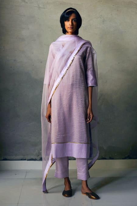 Buy Purple Handwoven Tissue V Neck Kurta And Pant Set For Women by ...