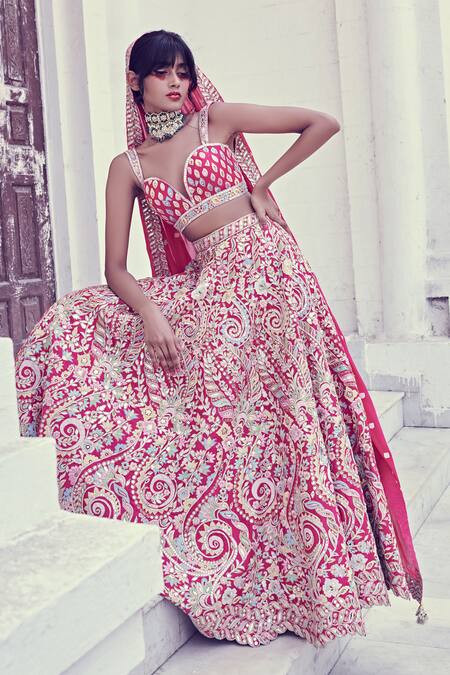 Buy Pink Raw Silk, Dupatta Georgette Floral Embroidered Bridal Lehenga Set For Women by Tamanna ...