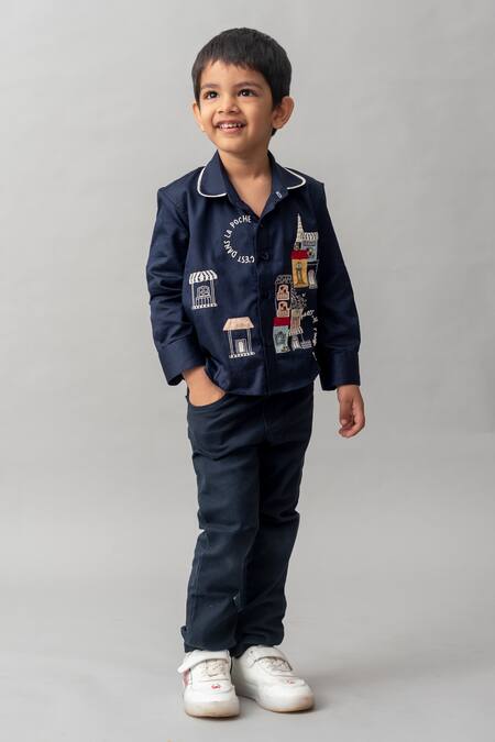 Buy Blue Cotton Embroidered Paris City Motifs Shirt For Boys by Ba Ba ...