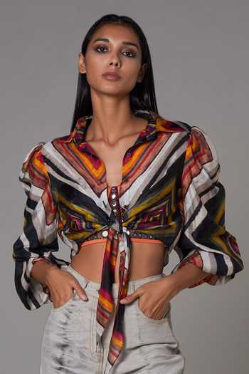 Buy Multi Color Cotton Silk Print Stripes Collared Neck Front Knot ...