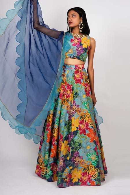 Buy Blue Raw Silk And Embroidery Floral Round Lehenga Set For Women by ...