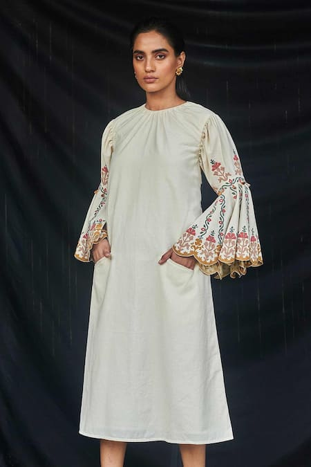 Buy White Kala Cotton Round Bell Sleeve Midi Dress For Women by ...