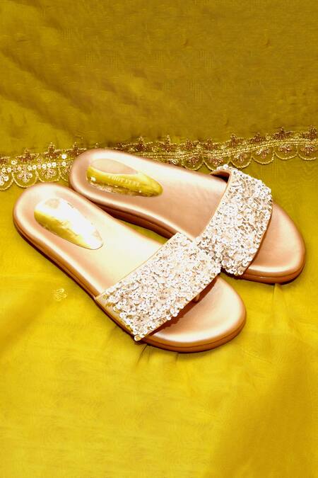 Buy Gold Embellished Chahna Sequin Flats by Foot Fuel Online at Aza ...