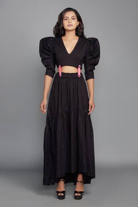 Buy Black Ponte Roma V Neck Puff Sleeve Top And Skirt Set For Women by ...