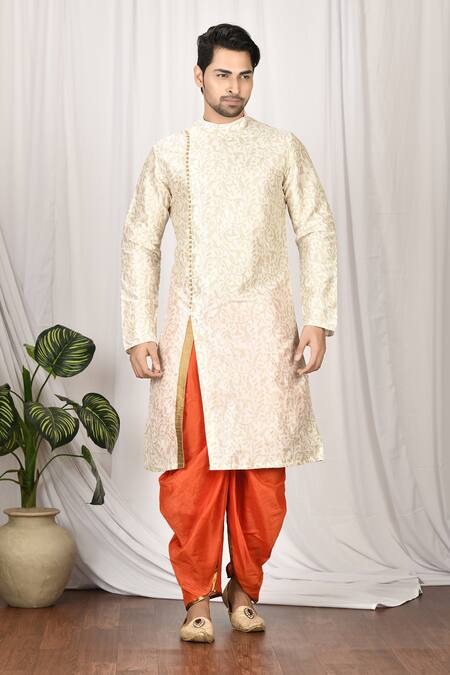 Buy Orange Dupion Silk Draped Dhoti For Men by Aryavir Malhotra Online ...