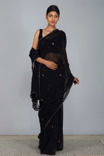 Buy Black Viscose Georgette Embroidered Saree For Women by Devyani ...