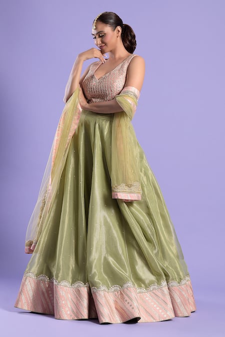 Buy Green Lehenga Organza Embroidered Gota Plunge V Neck Set For Women