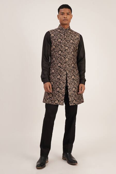 Buy Black Raw Silk Embroidered Floral Thread Long Jawahar Jacket For ...
