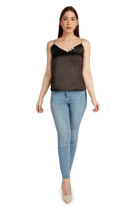 Buy Black Satin Embroidery Stones V Neck Strappy Top For Women by ...