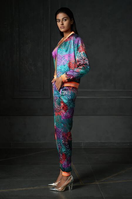 Buy Multi Color Mashru Geometric Collared Neck Ripple Reversible Bomber ...