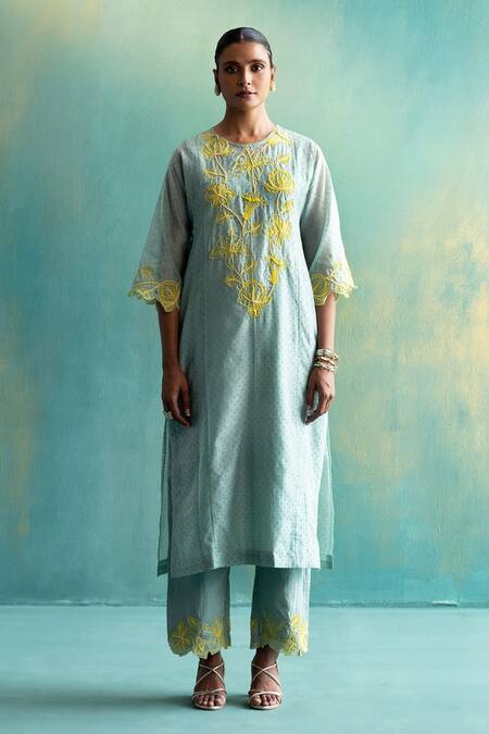 Buy Green Handloom Chanderi Embroidered Aari Round Kurta For Women by ...