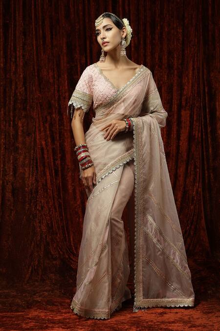 Buy Pink Embroidered Badla Scallop V Neck Striped Saree With Blouse For ...