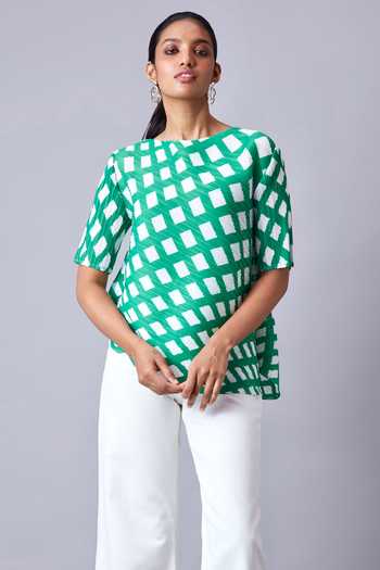 Buy Scarlet Sage Green Polyester Asymmetric Checks Top Online | Aza ...