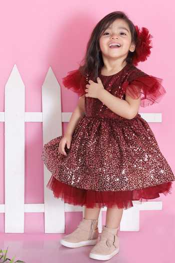 Buy Red Net Silk Embellished Dress For Girls by Janya's Closet Online ...
