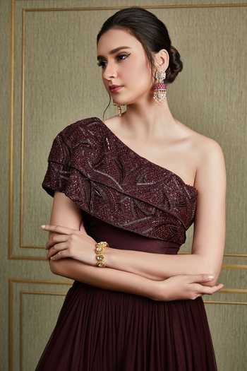 Buy Maroon Net, Tussar Asymmetric Embroidered One Shoulder Lehenga Set ...