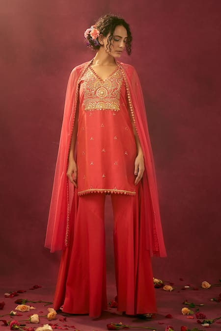 Buy Pink Silk And Tulle Embroidery Dabka V Neck Cape And Kurta Set For
