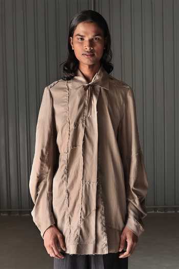 Buy Beige Sandwashed Silk Upcycled Shirt For Men by Leh Studios Online ...