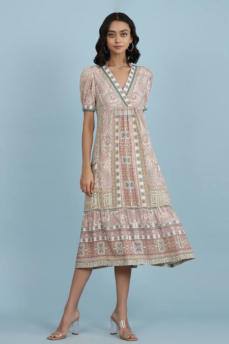 Buy Pink Rayon Slub Printed Floral Mandarin Collar Midi Dress For Women