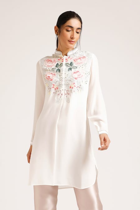 Buy White Silk Crepe Mandarin Collar Embroidered Tunic For Women By