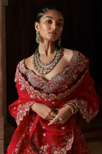 Buy Red Raw Silk, Organza Resham, Zardozi Nemali Lata Embroidered ...