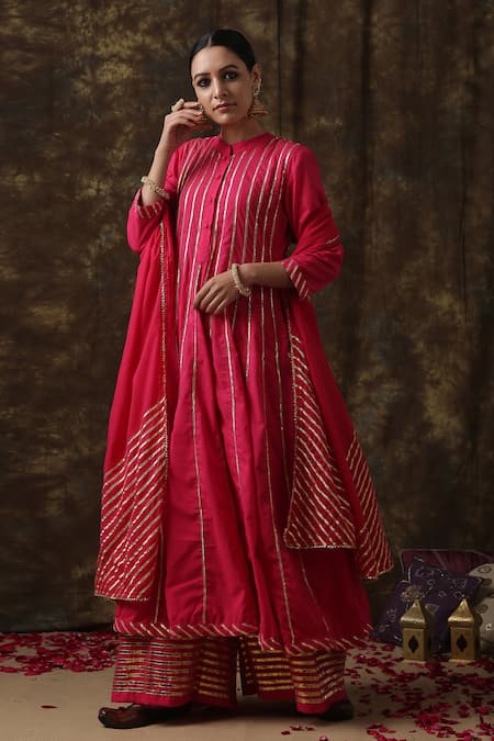 Buy Pink Kurta Cotton Dupatta Handspun Embroidered Anarkali Palazzo Set For Women by Maison ...