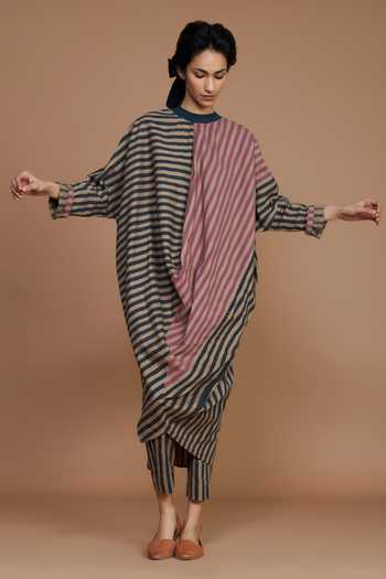 Buy Brown 100% Cotton Stripes Round Cowl Draped Tunic For Women by Mati ...