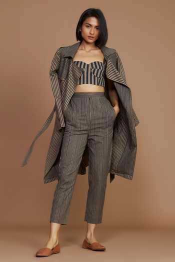 Buy Brown 100% Cotton Stripes Corset Sweetheart, Trench Coat Notched ...