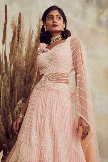Buy Peach Organza And Net Pearl & Sequin Leaf Neck Embroidered Lehenga ...