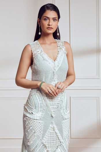 Buy Grey Chiffon Applique Embroidered Gown For Women by Not So Serious ...