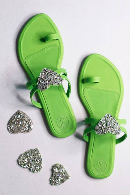 Buy Green Embellished Neon Heart Toe Ring Flats by PREET KAUR Online at ...