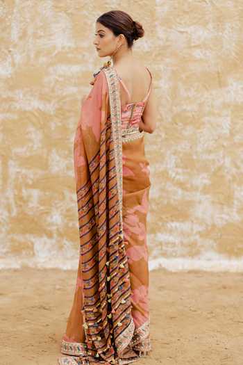 Buy Pooja-Keyur Brown Organza Floral Print Saree Online | Aza Fashion in US
